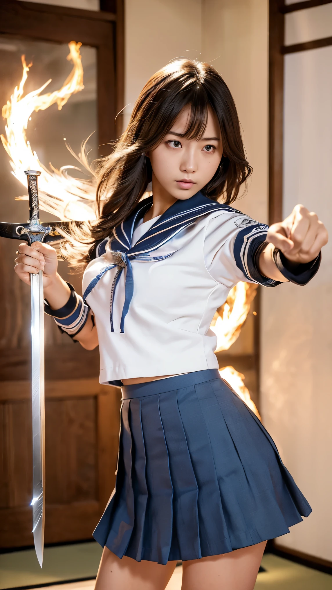 Arafed asian woman in a skirt holding a sword and fire - SeaArt AI