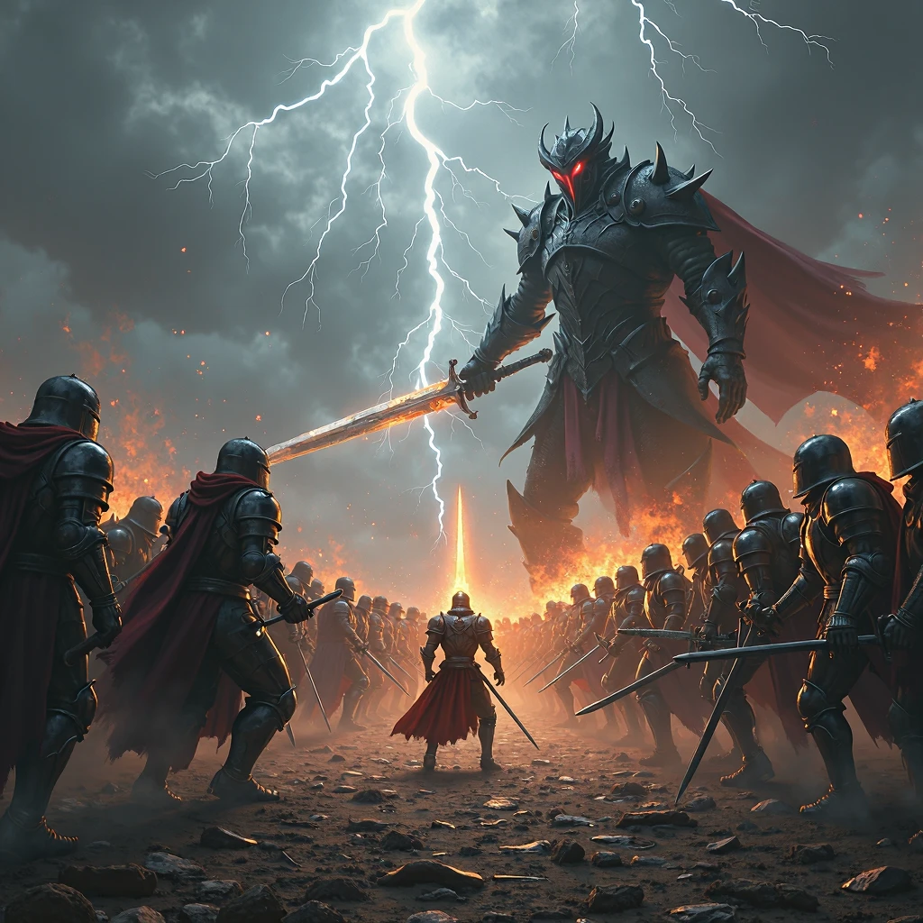 Create a dynamic scene of a final battle between two opposing forces on ...