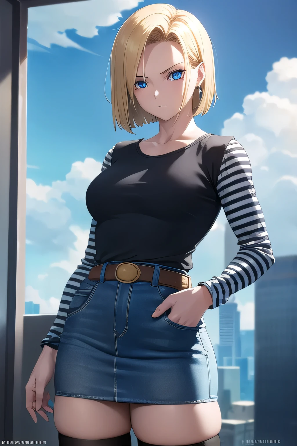 A woman in a skirt and tight top posing for a picture（android 18) - SeaArt AI