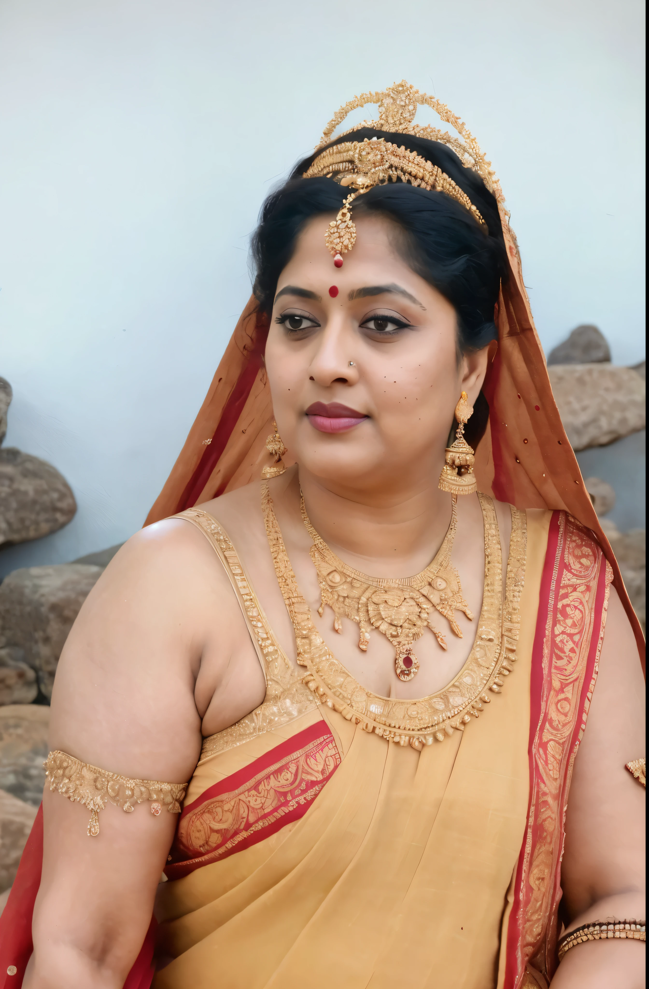 A woman in a yellow sari and red sari sitting on a rock - SeaArt AI