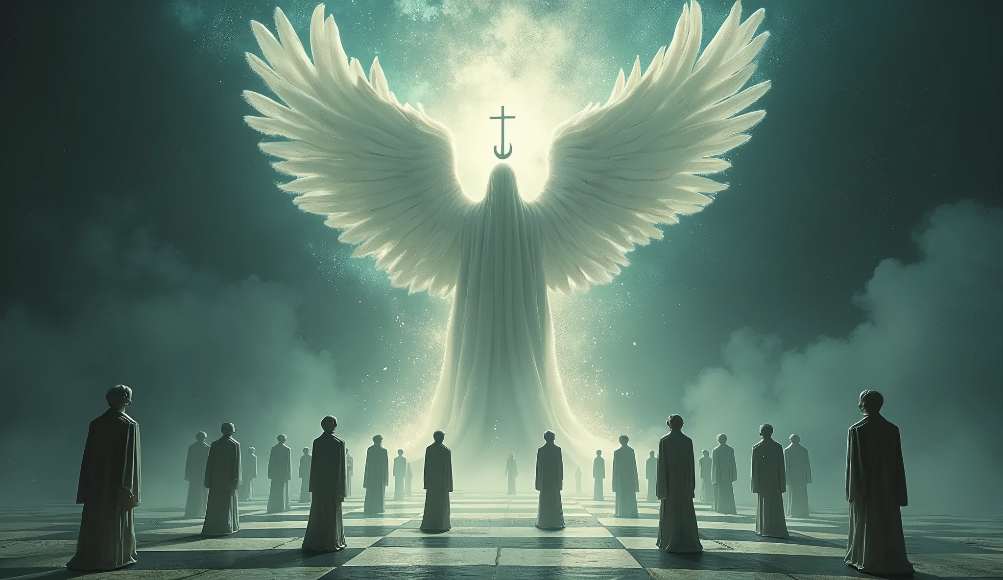There are many people standing around a giant angel statue - SeaArt AI