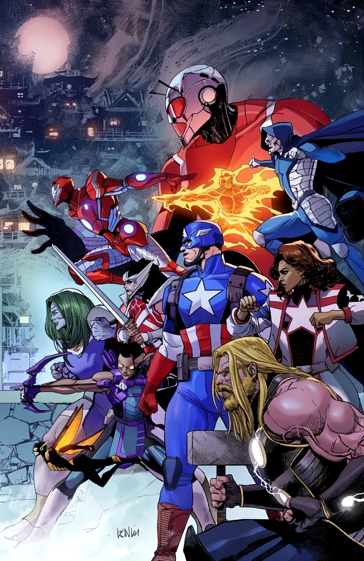 Avengers assembles a group of superheros in a snowy city - SeaArt AI