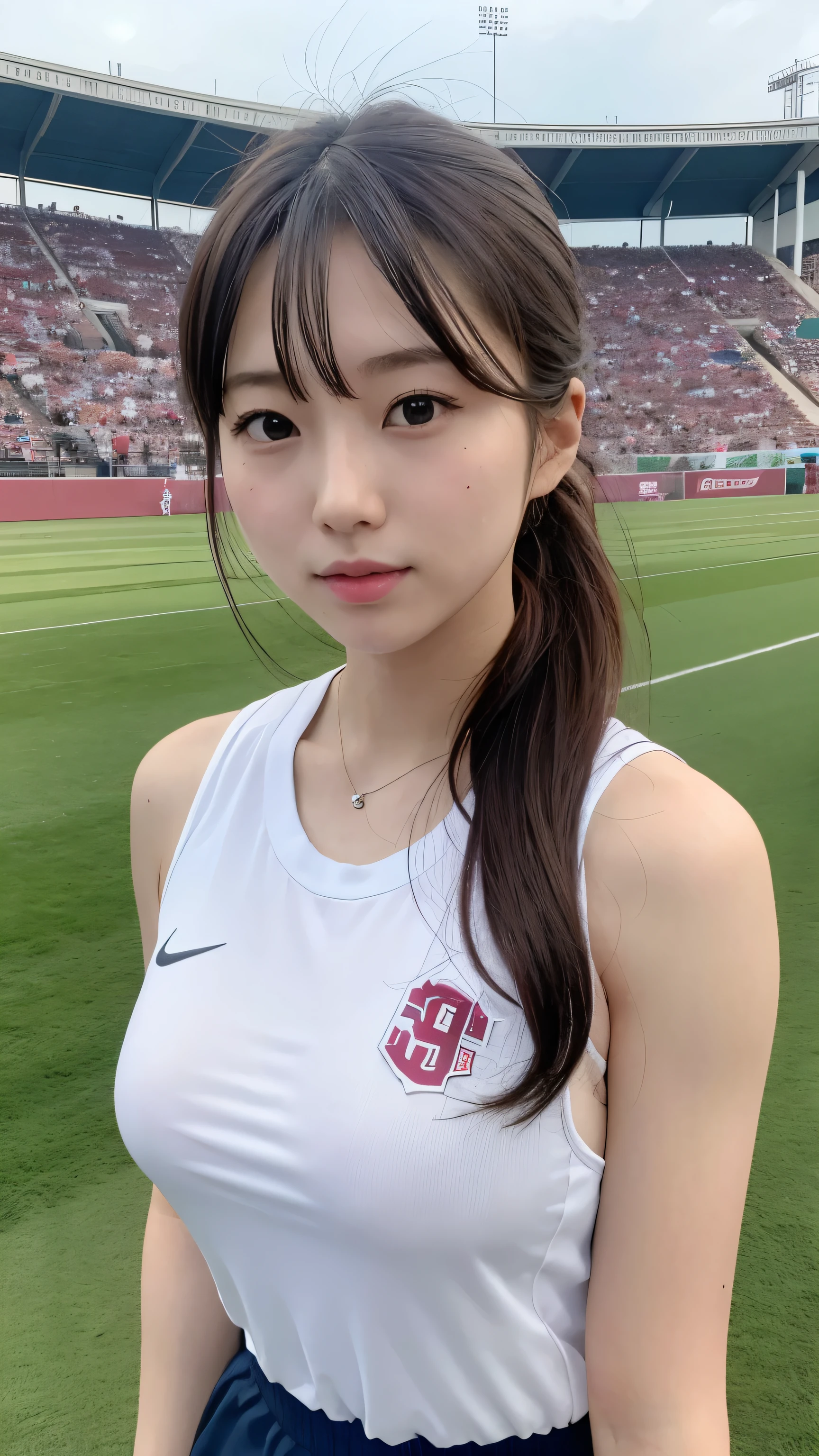 A woman in a white shirt and blue skirt standing on a soccer field ...
