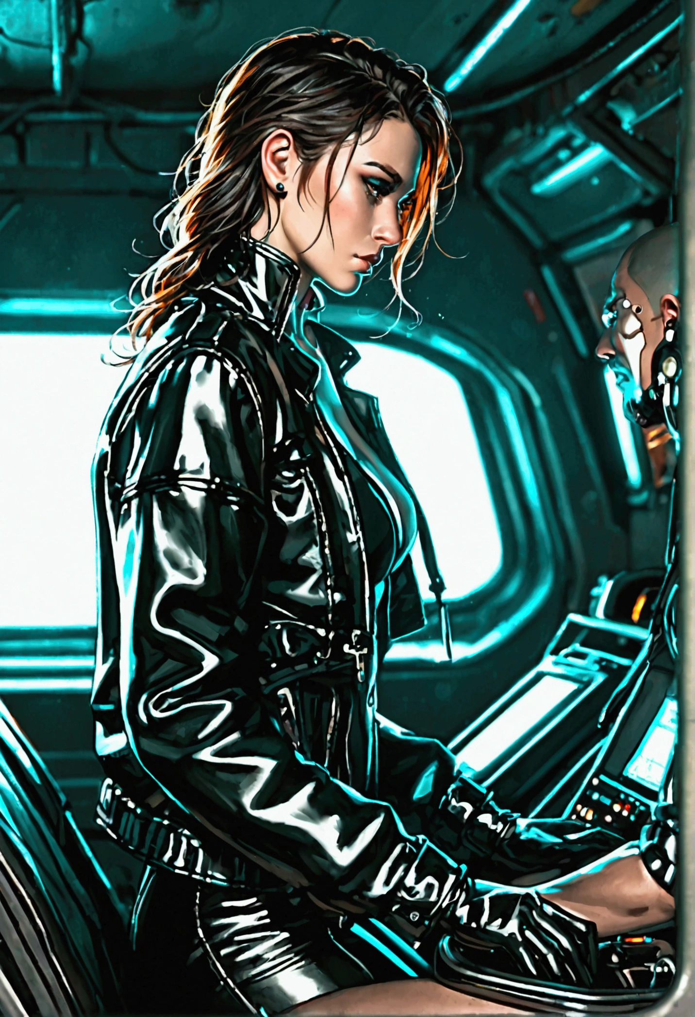 In a dimly lit, industrial cyberpunk robot factory, a beautifully ...