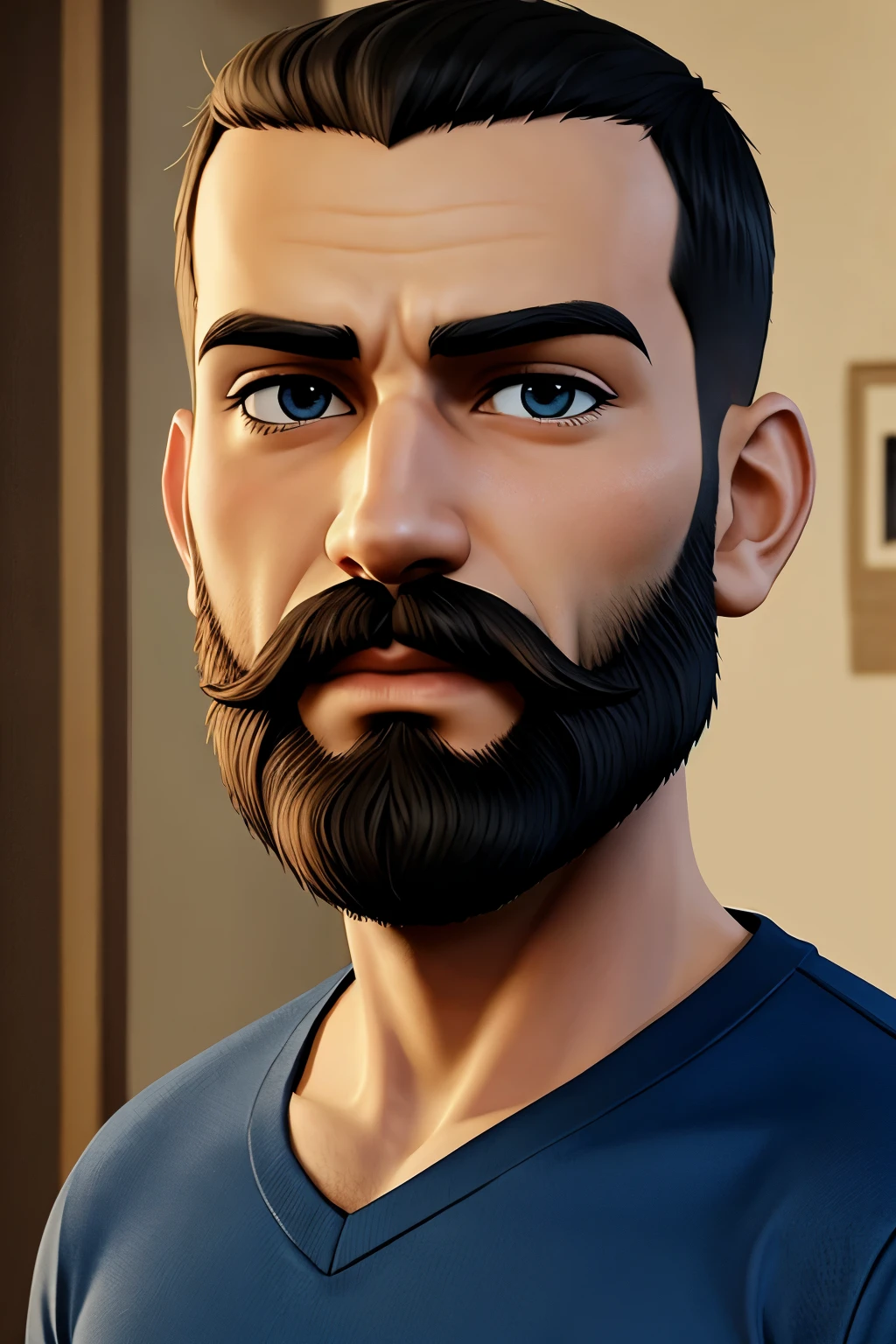 A close up of a man with a beard and a blue shirt - SeaArt AI