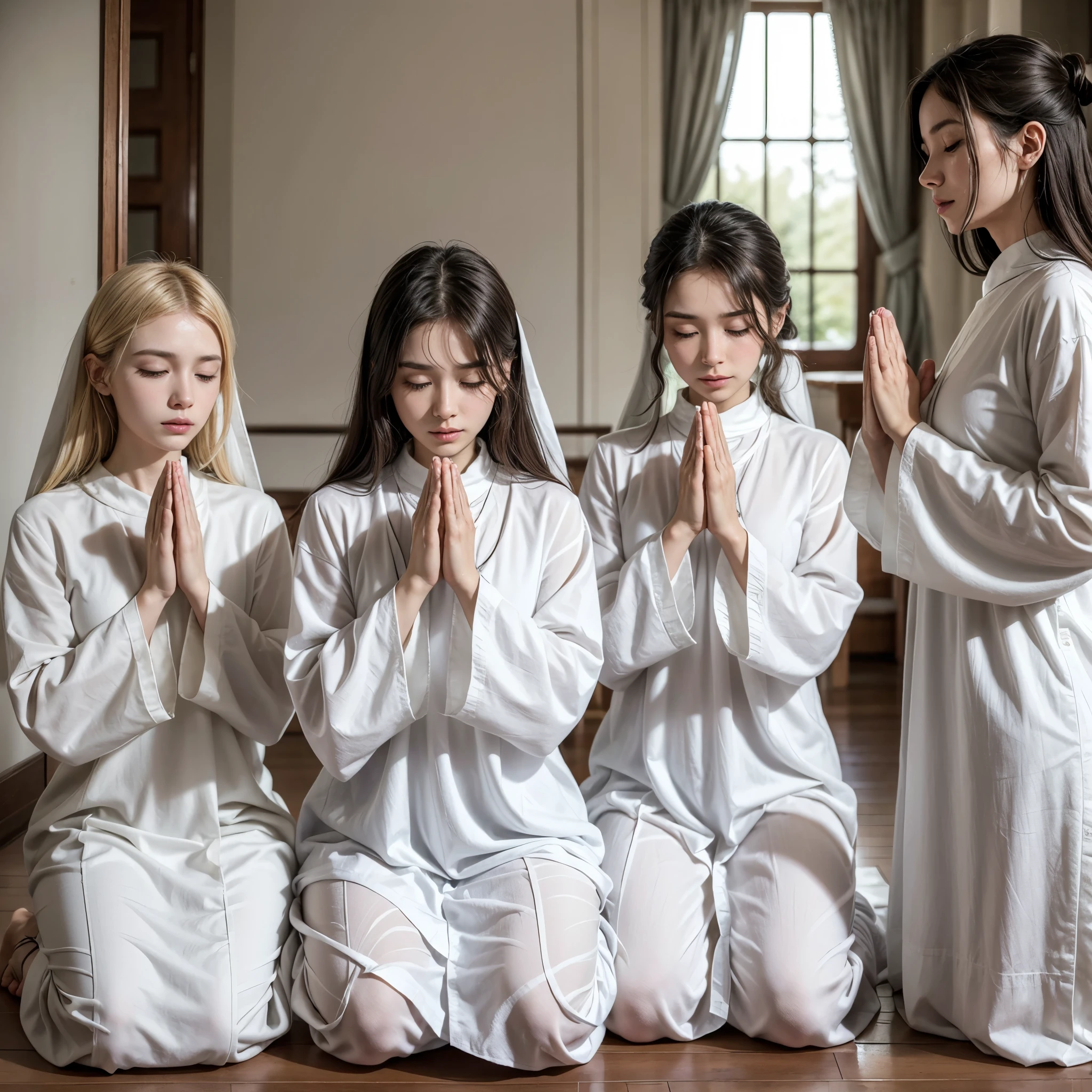 Three women in white robes are sitting on the floor and praying - SeaArt AI