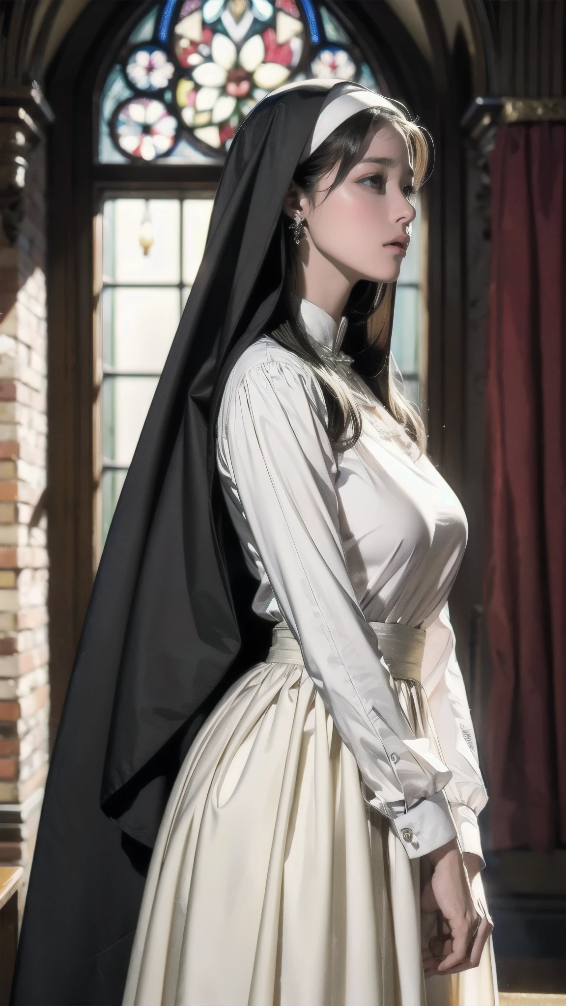 A woman in a nun costume standing in front of a stained window - SeaArt AI