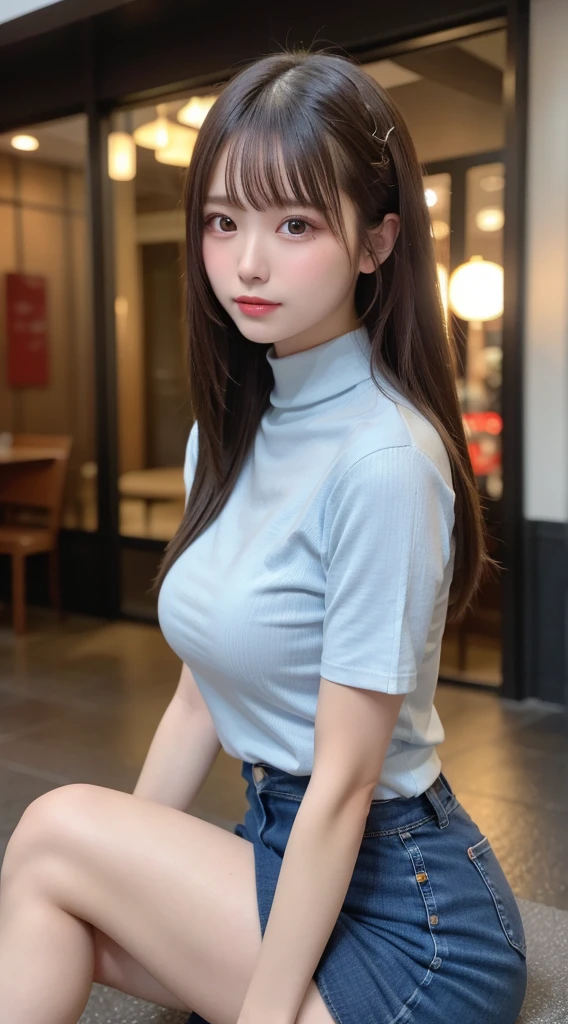 美丽的女孩 非常漂亮和细致的面部 害羞地笑 深谷 摄像机在后面、 她的乳房很大 、蓝色的高领罗纹针织t恤 Seaart Ai