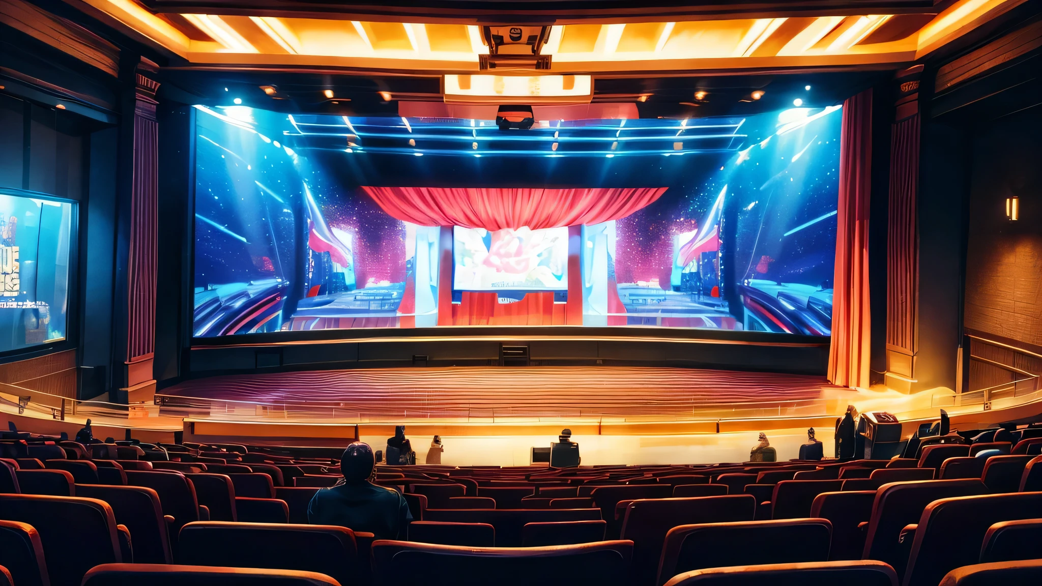 A view of a theater with a stage and a screen - SeaArt AI