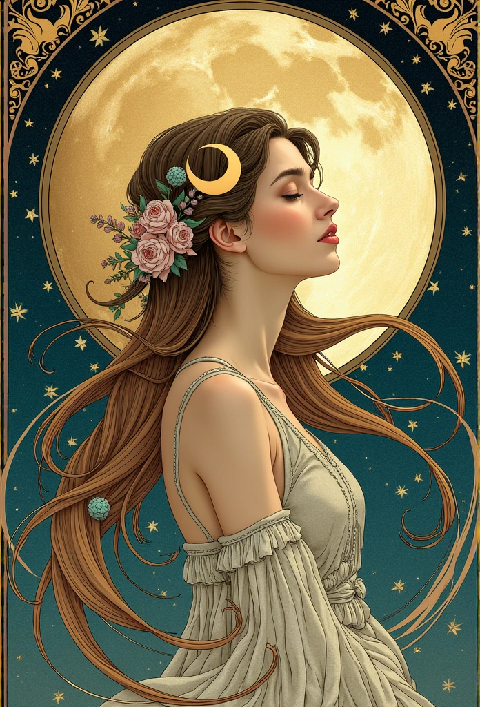 A close up of a woman with long hair and a moon in the background ...