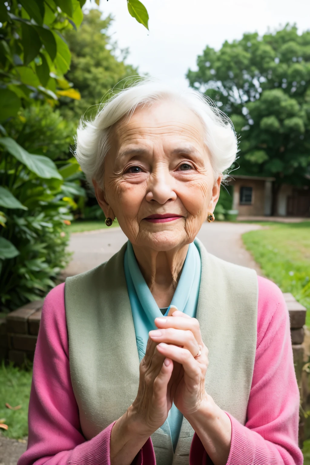 An older woman with a pink sweater and a blue scarf - SeaArt AI