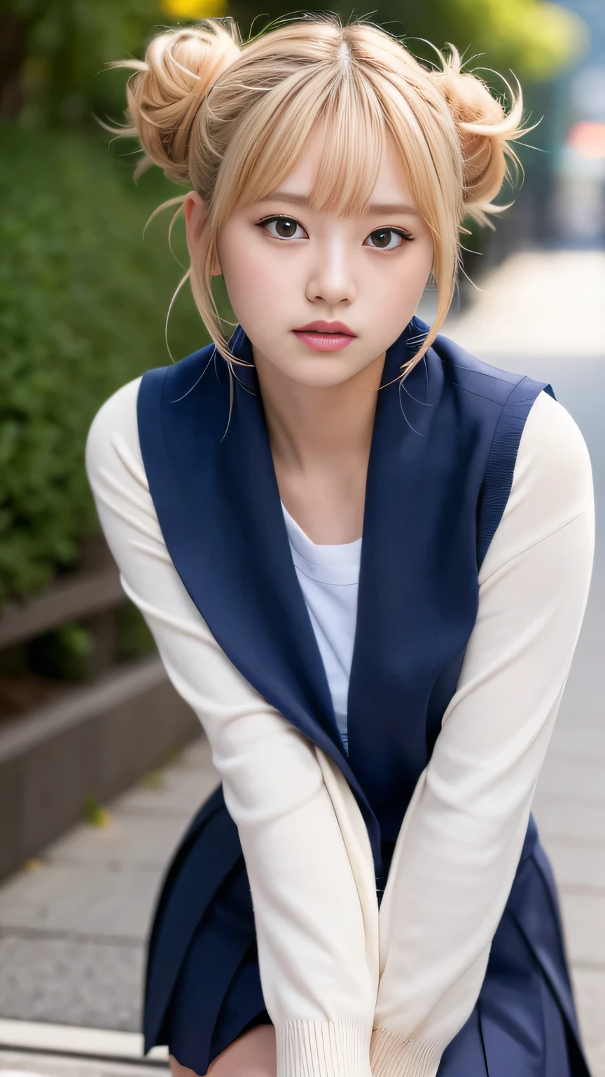 A close up of a person sitting on a bench with a ponytail - SeaArt AI