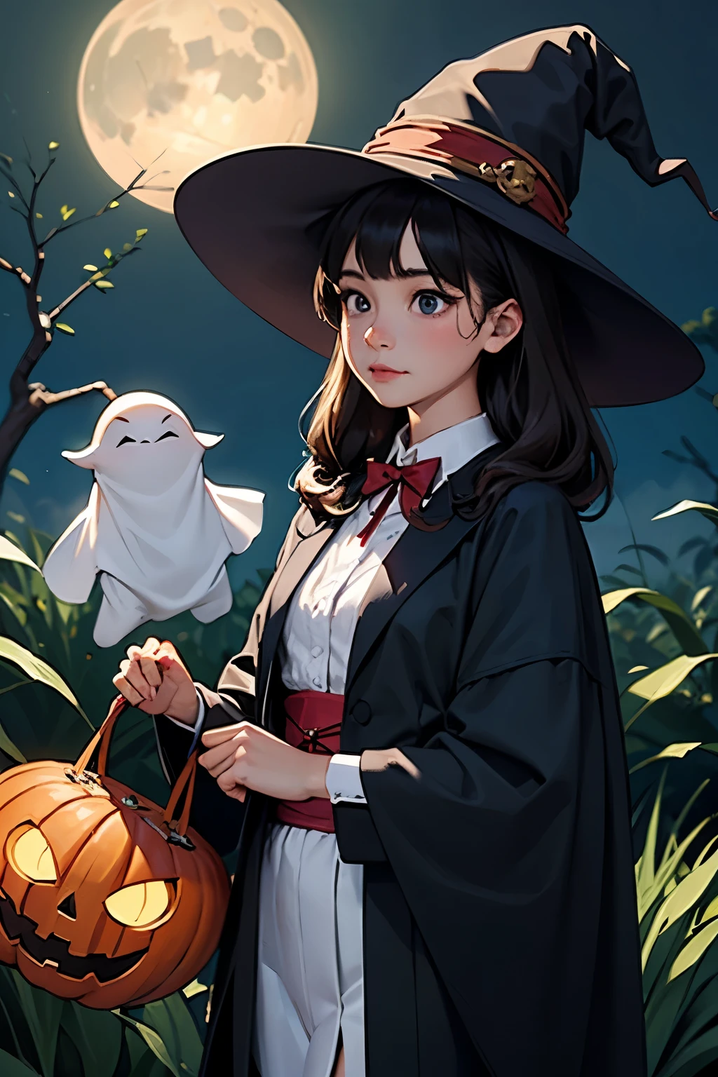 Witch with a pumpkin and a ghost in a field - SeaArt AI