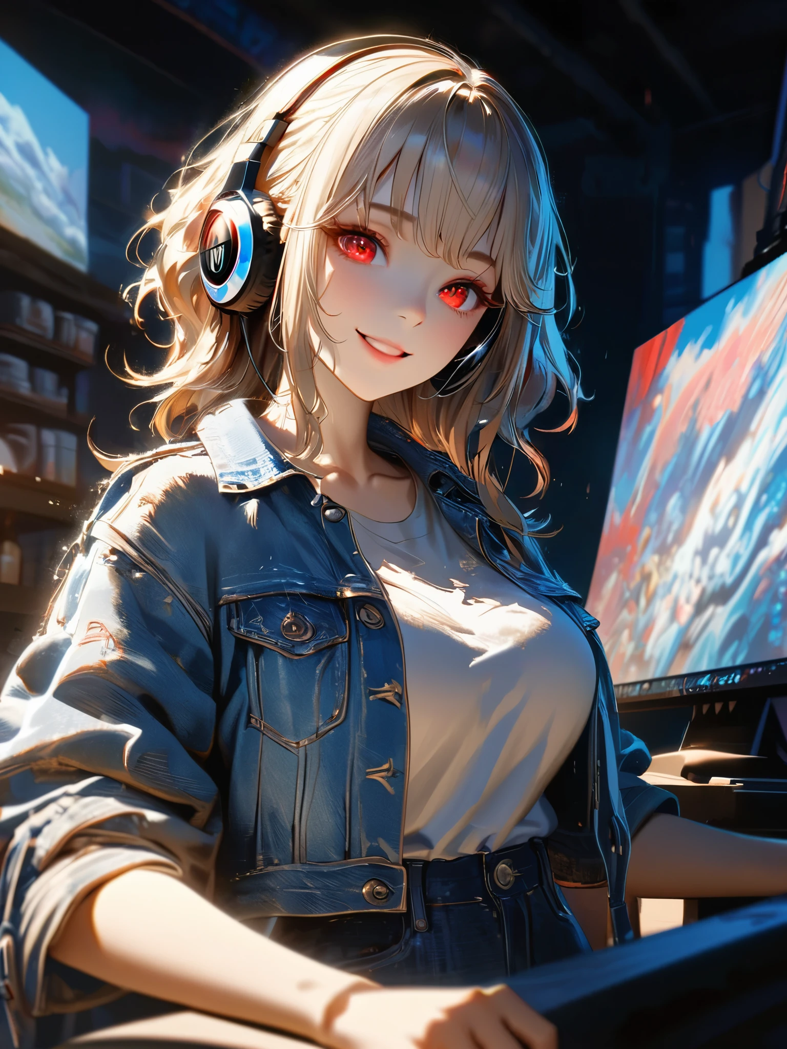 Anime girl with headphones playing a video game on a computer - SeaArt AI