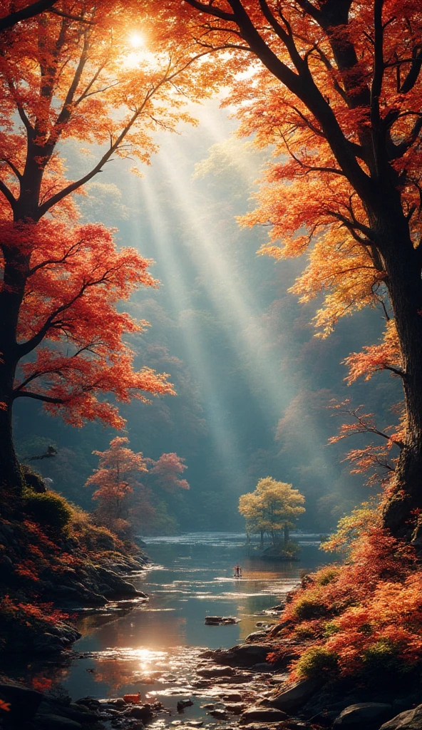 Detailed autumn forest, lush maple trees, golden and red leaves ...