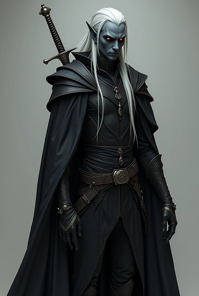 FULL body image a male tall and slender Drow (Dark Elf) with dark gray ...