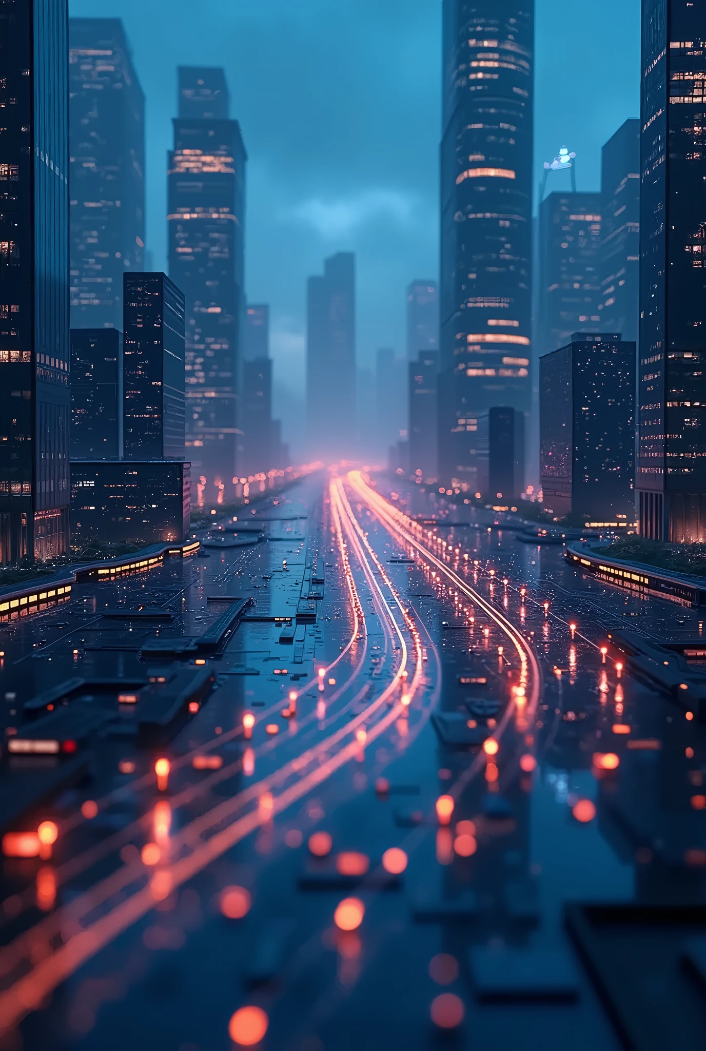 Arafed view of a city at night with a train track - SeaArt AI