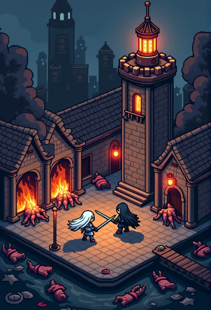Pixel art,deformed character,chibi, isometric view, below the ...