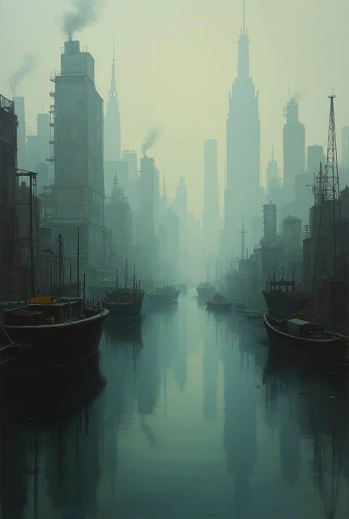 Dull, dark tones, cityscape, water drawing - SeaArt AI