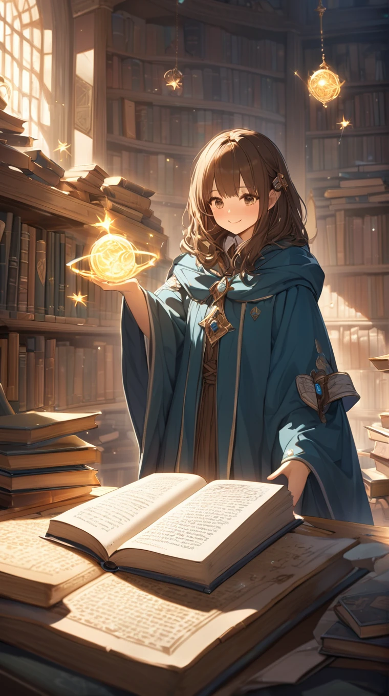 One Girl、Dreamy smile、Long brown hair、Wizard Robe、Magic book in hand ...
