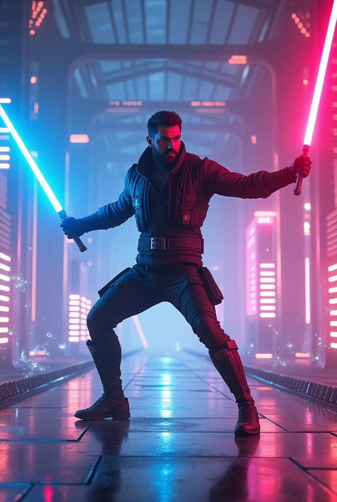 Beat saber hero bearded man cuts cubes with blue and red sabers - SeaArt AI