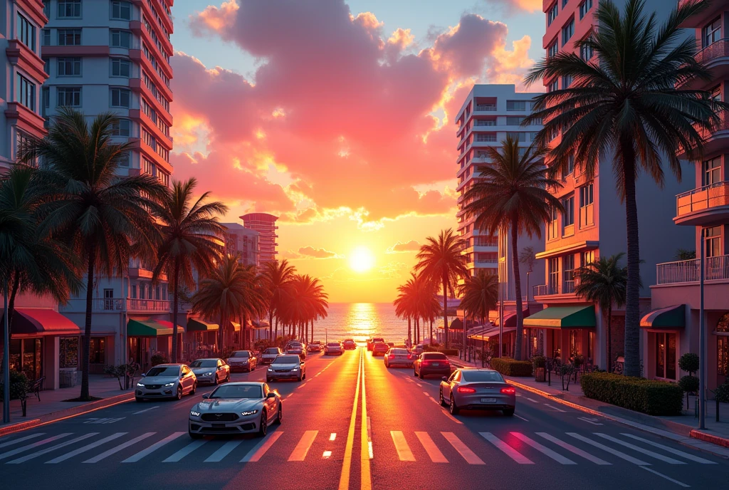 Cityscape with a sunset in the background, Miami style and in high ...