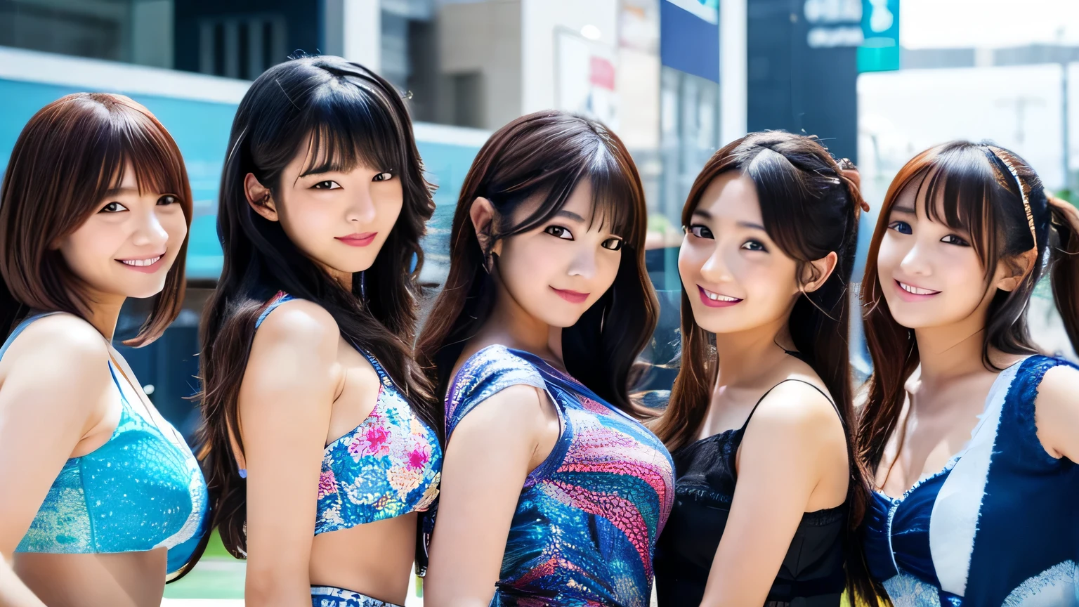 A close up of a group of women in bikinis posing for a picture - SeaArt AI