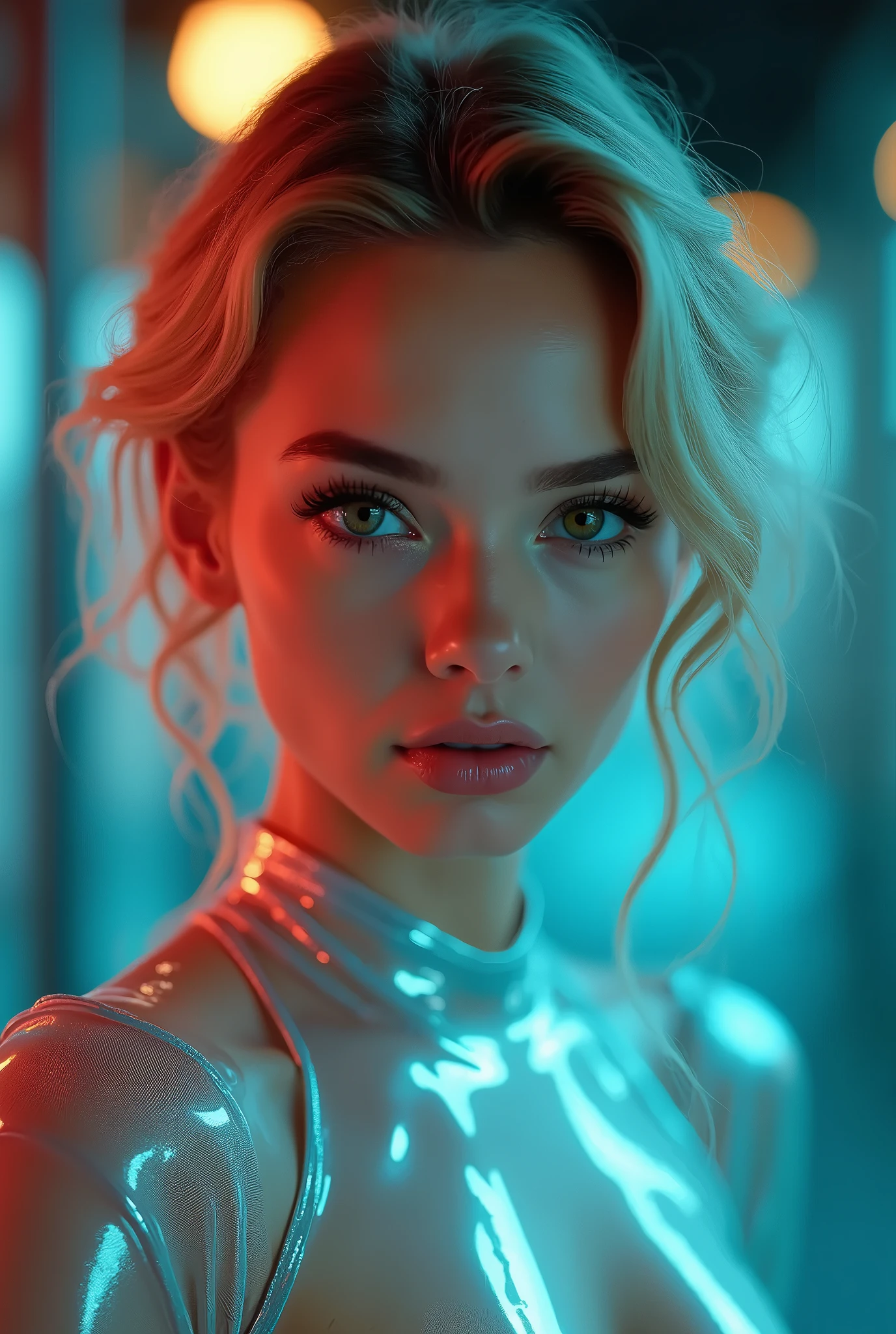 A close up of a woman in a shiny top posing for a picture - SeaArt AI