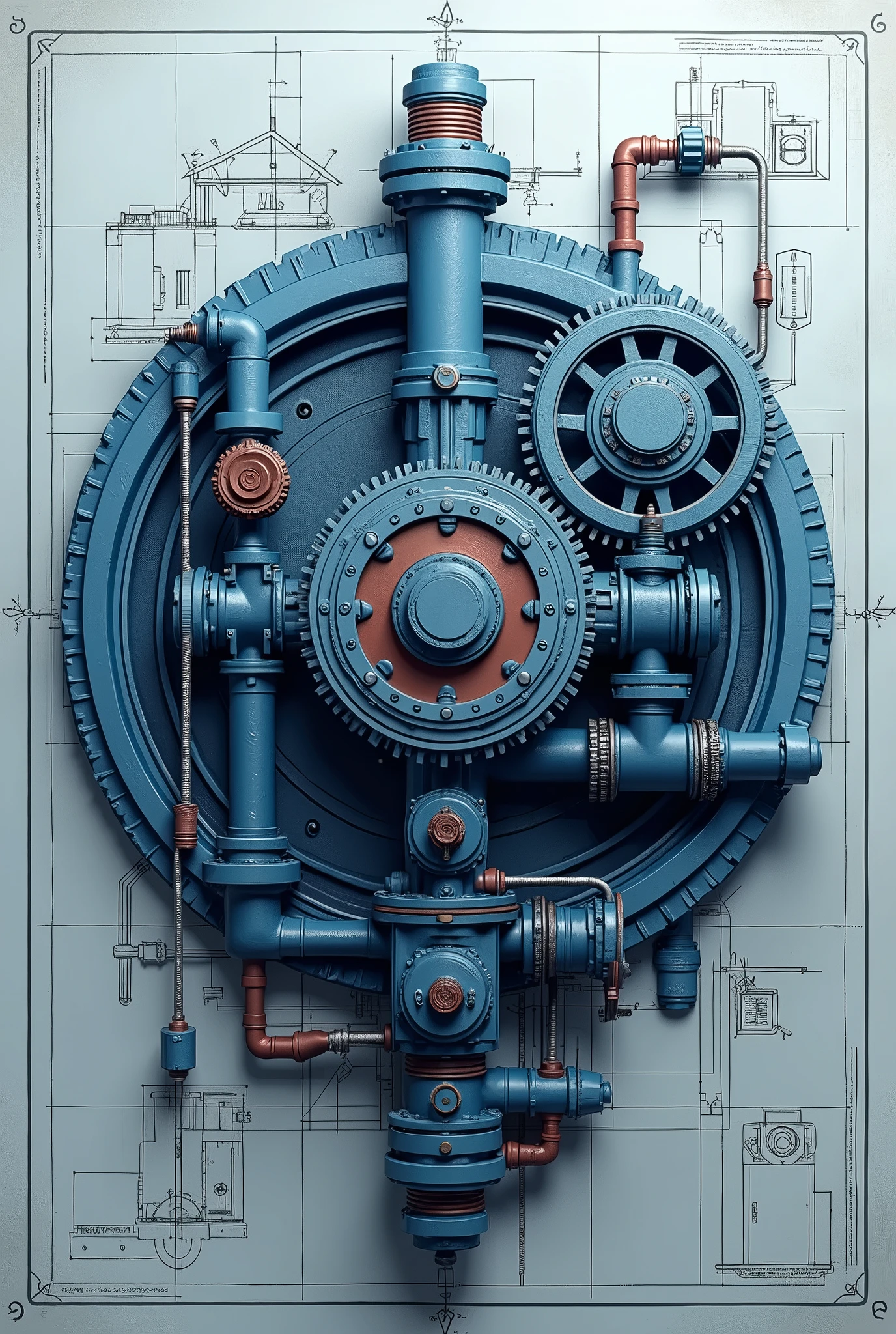 There is a blueprint of a mechanical device with gears and pipes ...