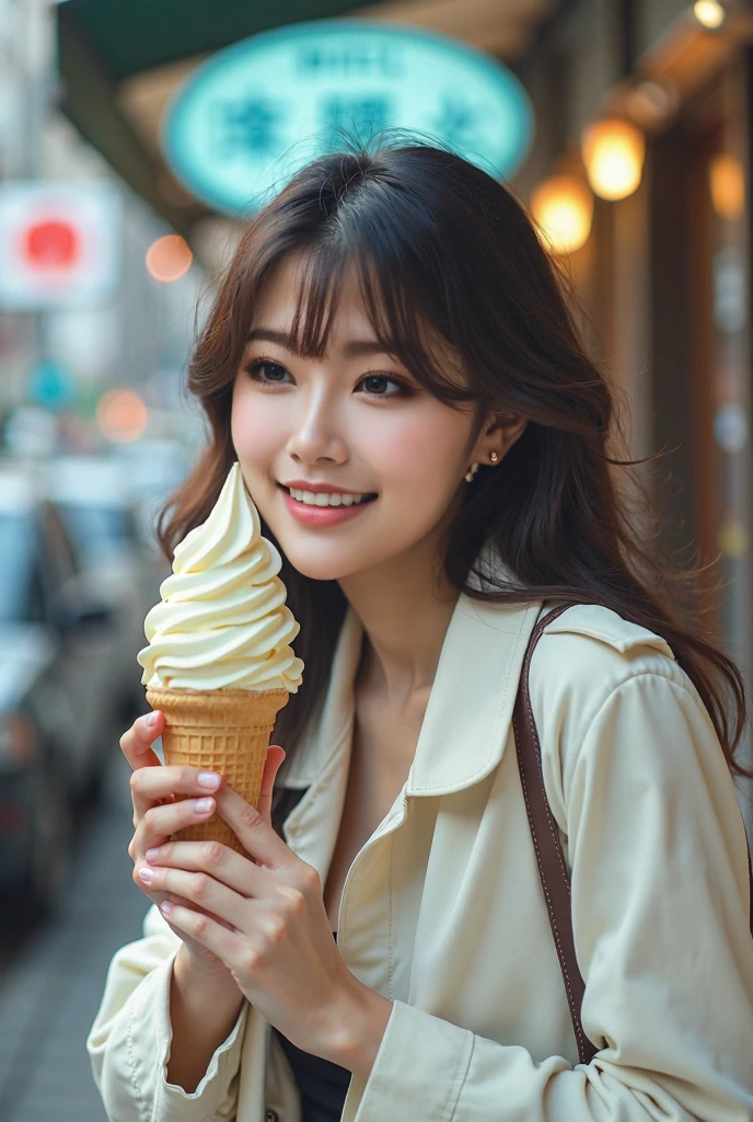 Japanese woman eating Japanese soft serve ice cream,19-year-old female ...