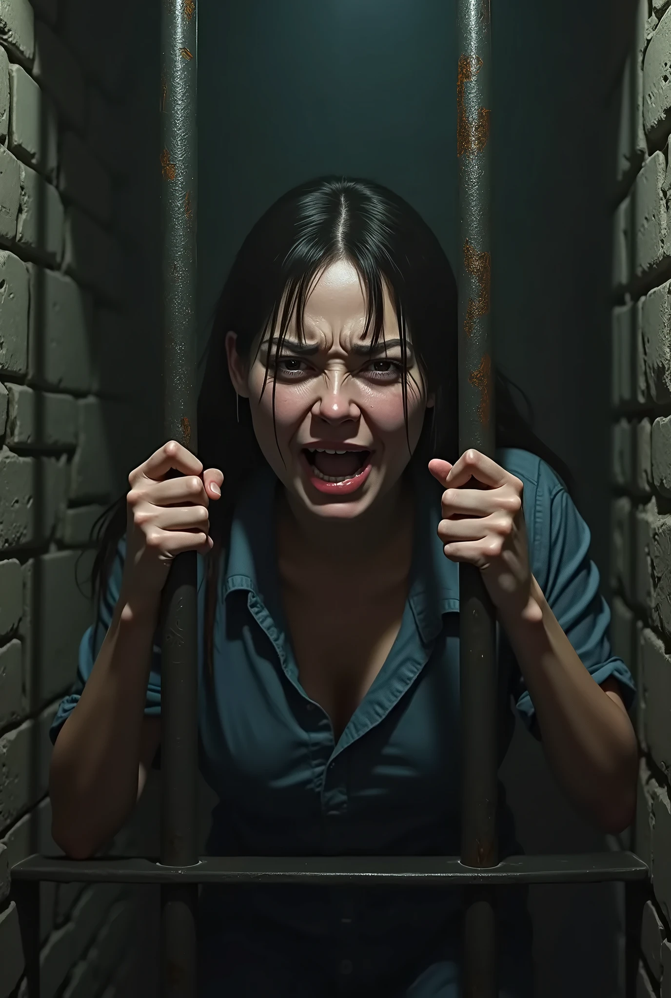 Woman in a jail cell with her hands on the bars - SeaArt AI