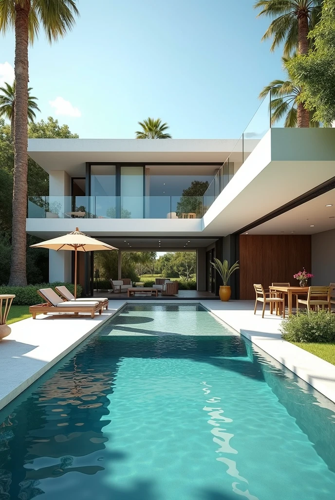 Create a modern house with a sun-drenched pool with 3D architecture in ...