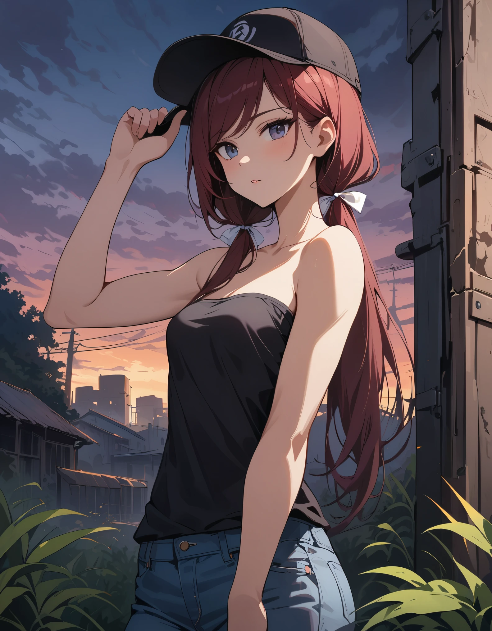 Anime girl with red hair and a baseball cap standing in front of a ...