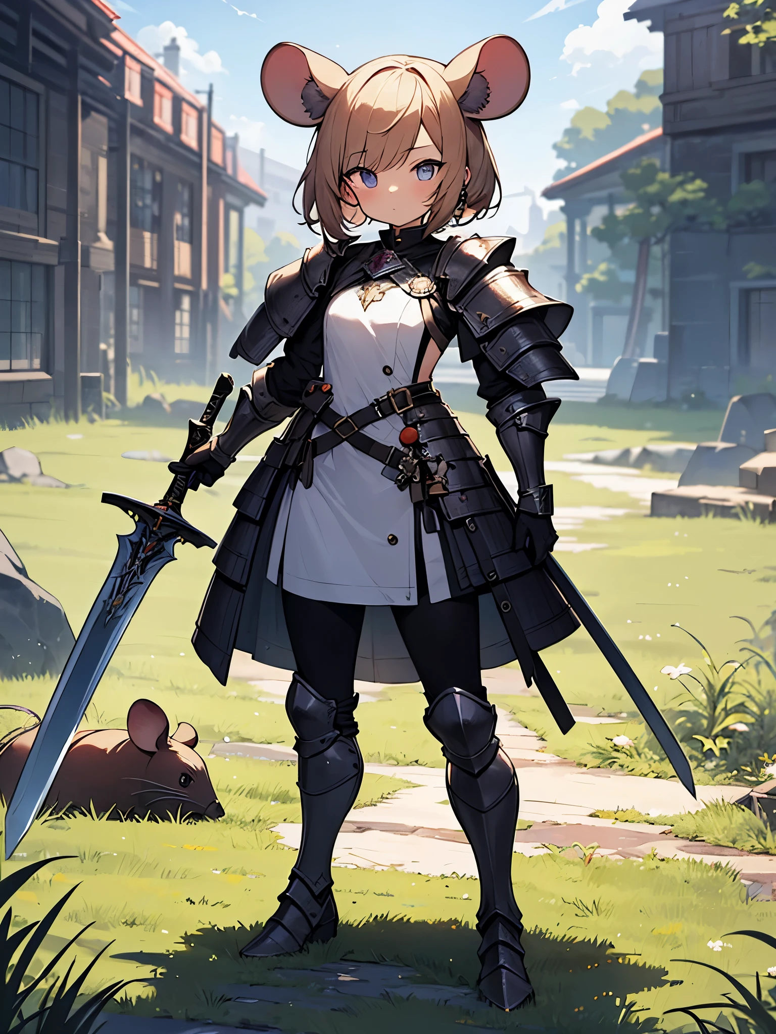 A woman in armor holding a sword standing in a field - SeaArt AI