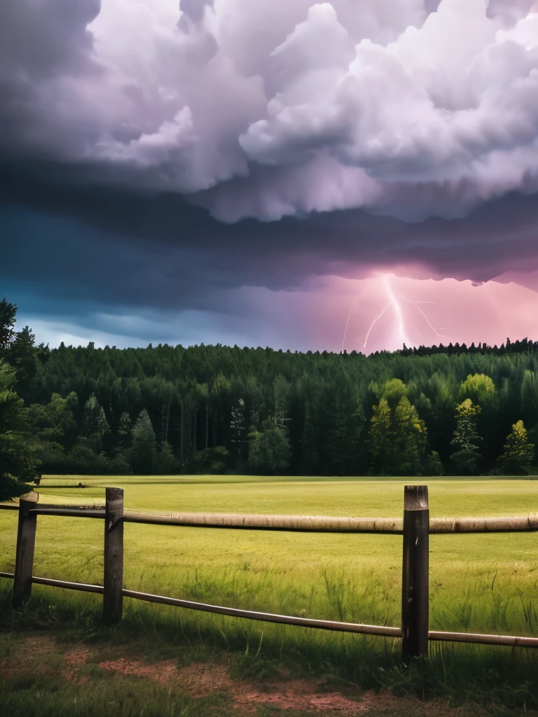 Arafed view of a field with a fence and a lightning in the sky - SeaArt AI