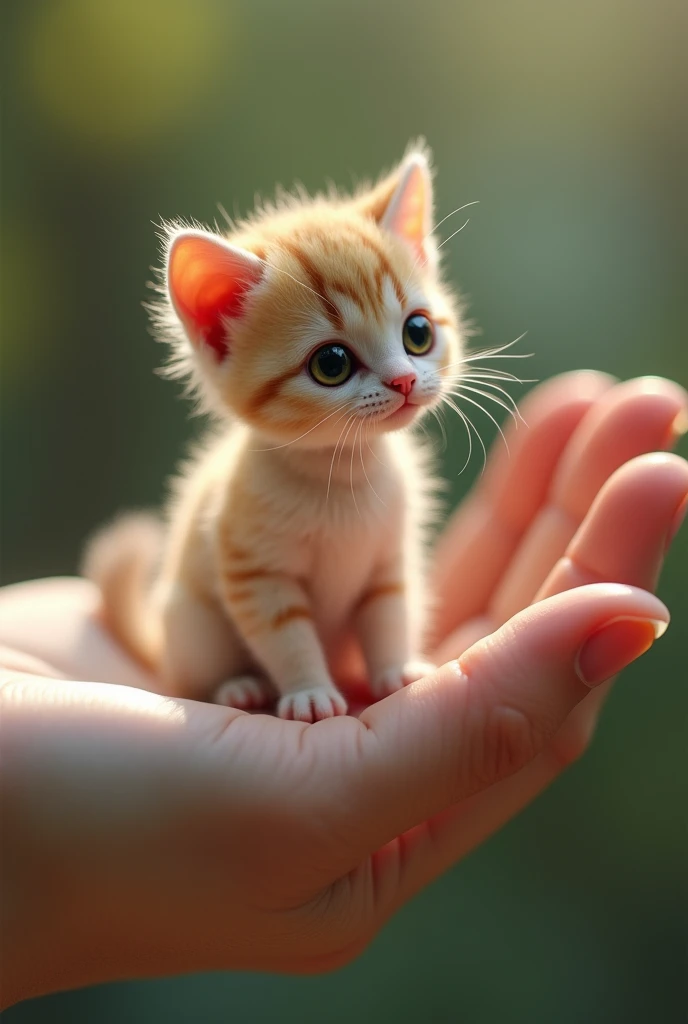 Photorealistic, 34k, A micro baby cat girl perched on a human palm ...