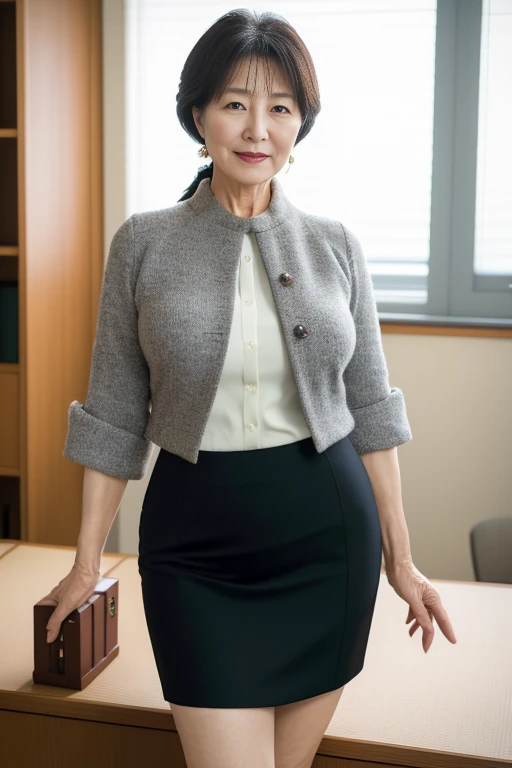 美しい日本人女性 60歳 オフィスレディ スカート 美しく詳細な顔 ほほえみ 太もも 4k高解像度 写真の品質 傑作 Seaart Ai