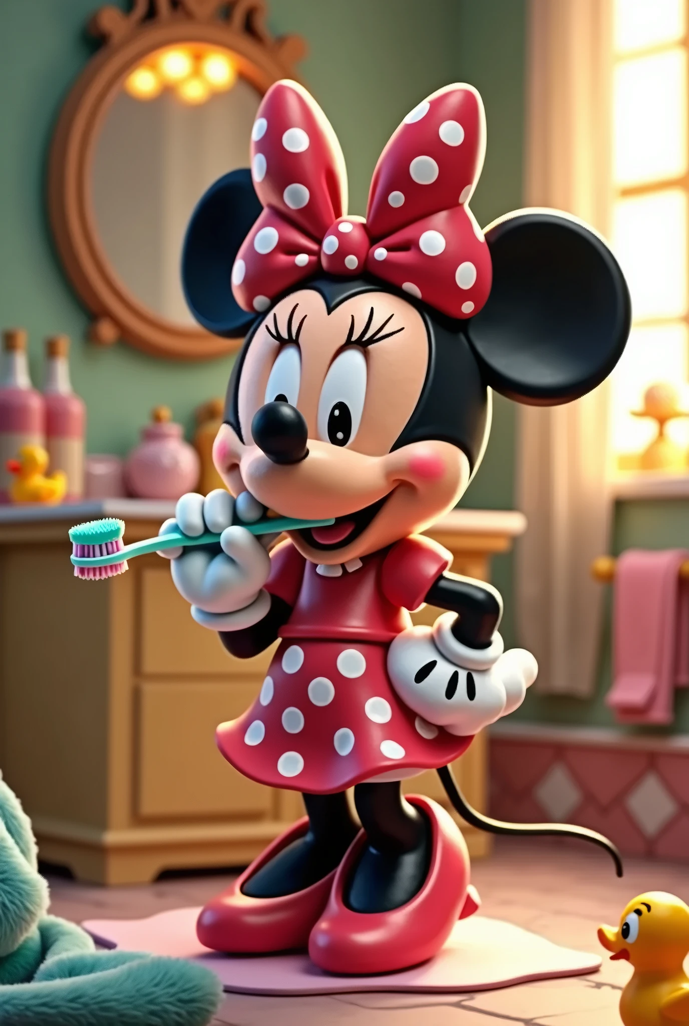Minnie mouse holding a toothbrush in a bathroom with a duck - SeaArt AI