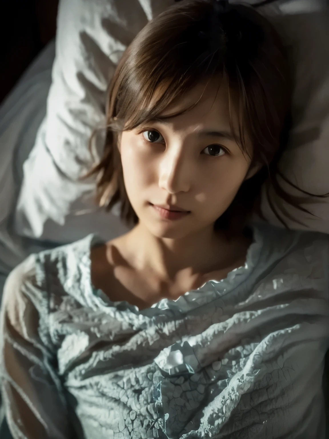 A close up of a woman laying in bed with a pillow - SeaArt AI