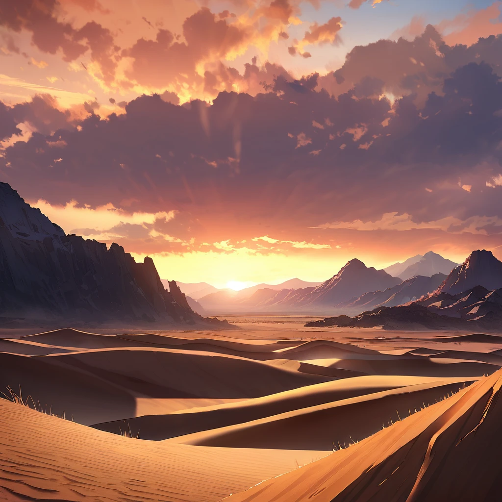 A wide-angle shot of a majestic desert landscape under a clear sky ...