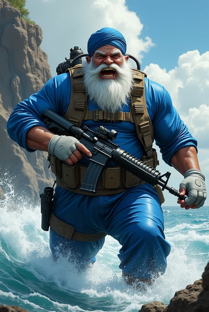 (頑丈で太くてとても筋肉質でかさばるうなり声を上げるぽっちゃりシーク教徒の老人), (青いウェットスーツを着て), ライフルを携えています ...