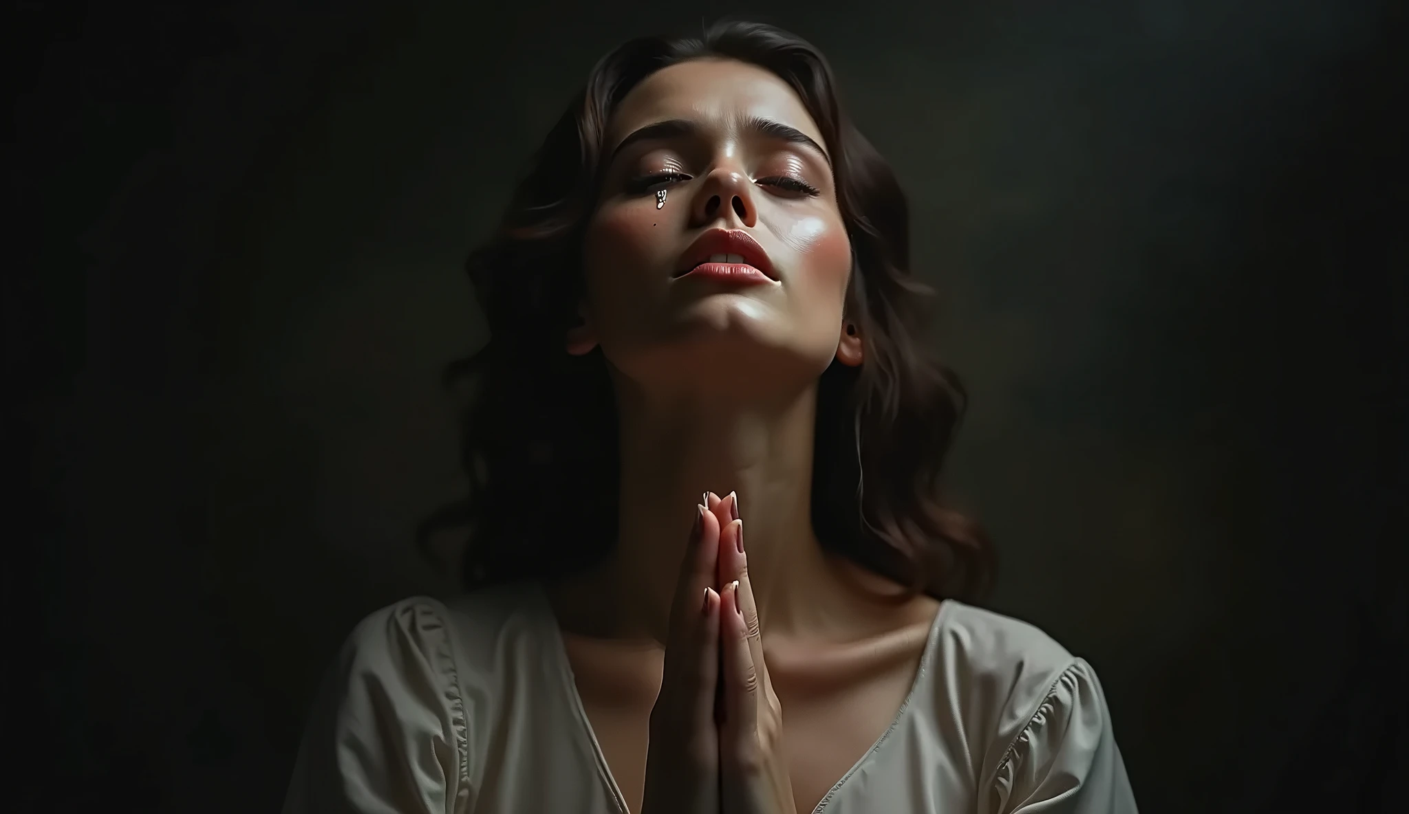 Woman with closed eyes praying in the dark with her hands together ...