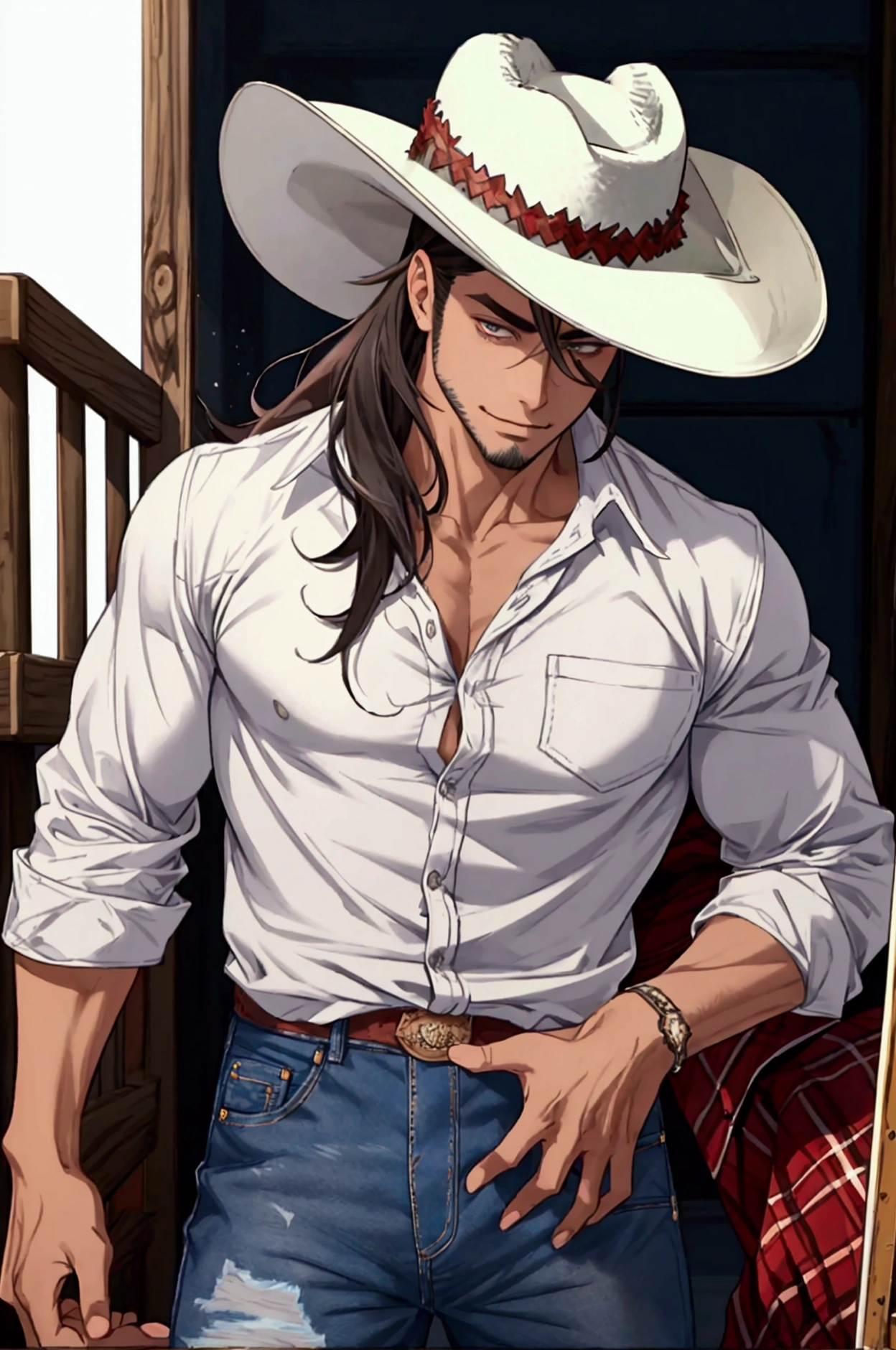 (masterpiece, best quality),1male,light skin, cowboy hat, muscular ...