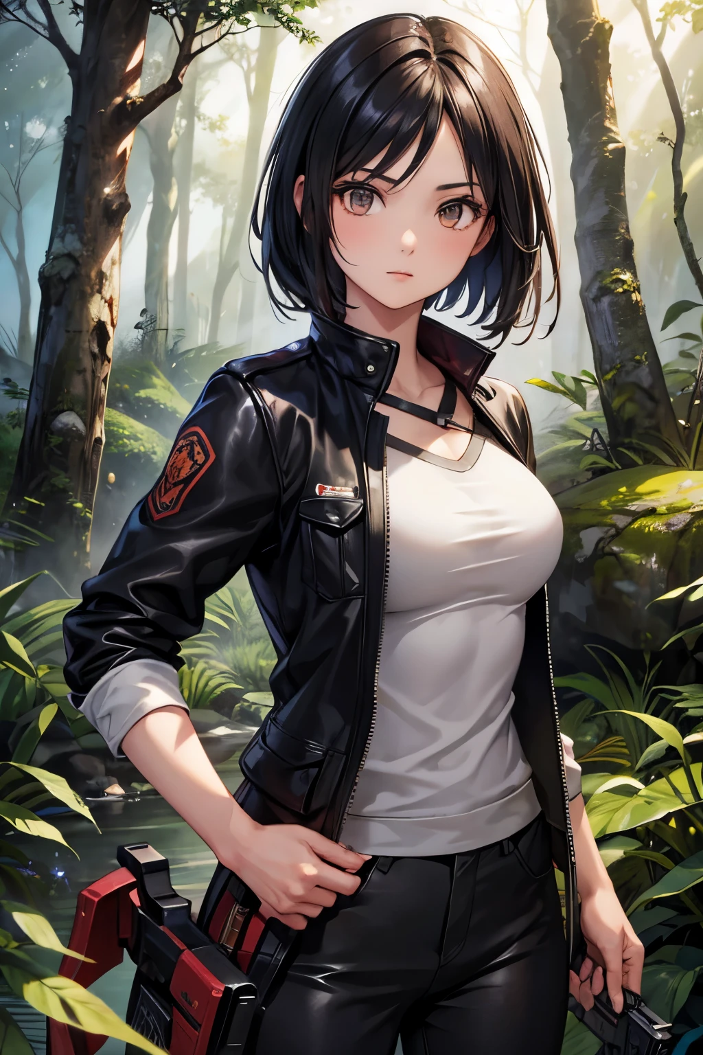 A woman in a black jacket and white shirt standing in a forest - SeaArt AI