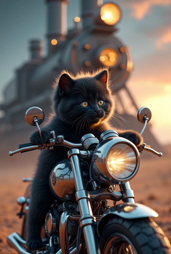 the cutest black kitten in the world on a metallic motorcycle with lots ...