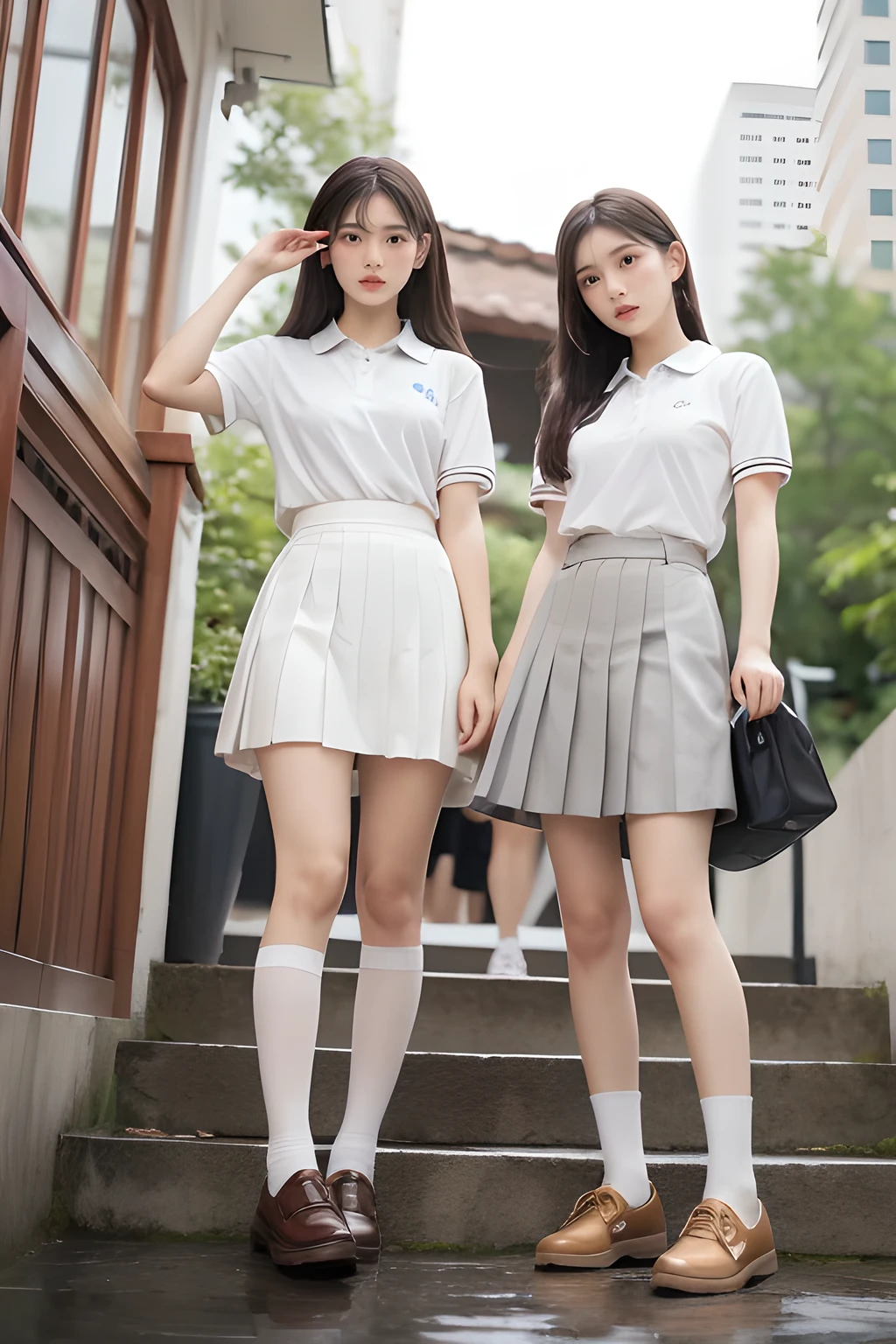 Two asian women in school uniforms standing on steps in a city - SeaArt AI