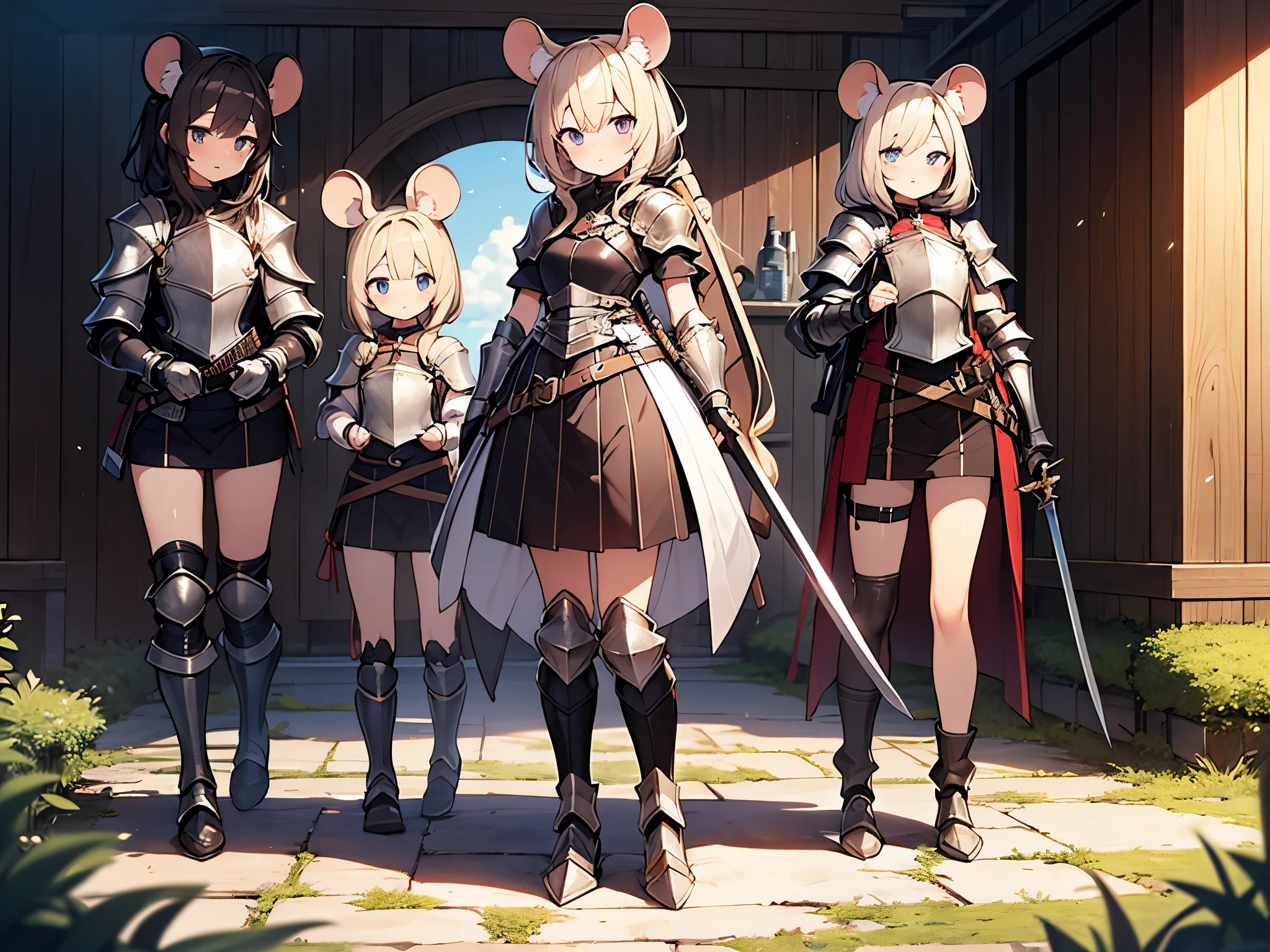 Anime characters dressed in armor standing in front of a building ...