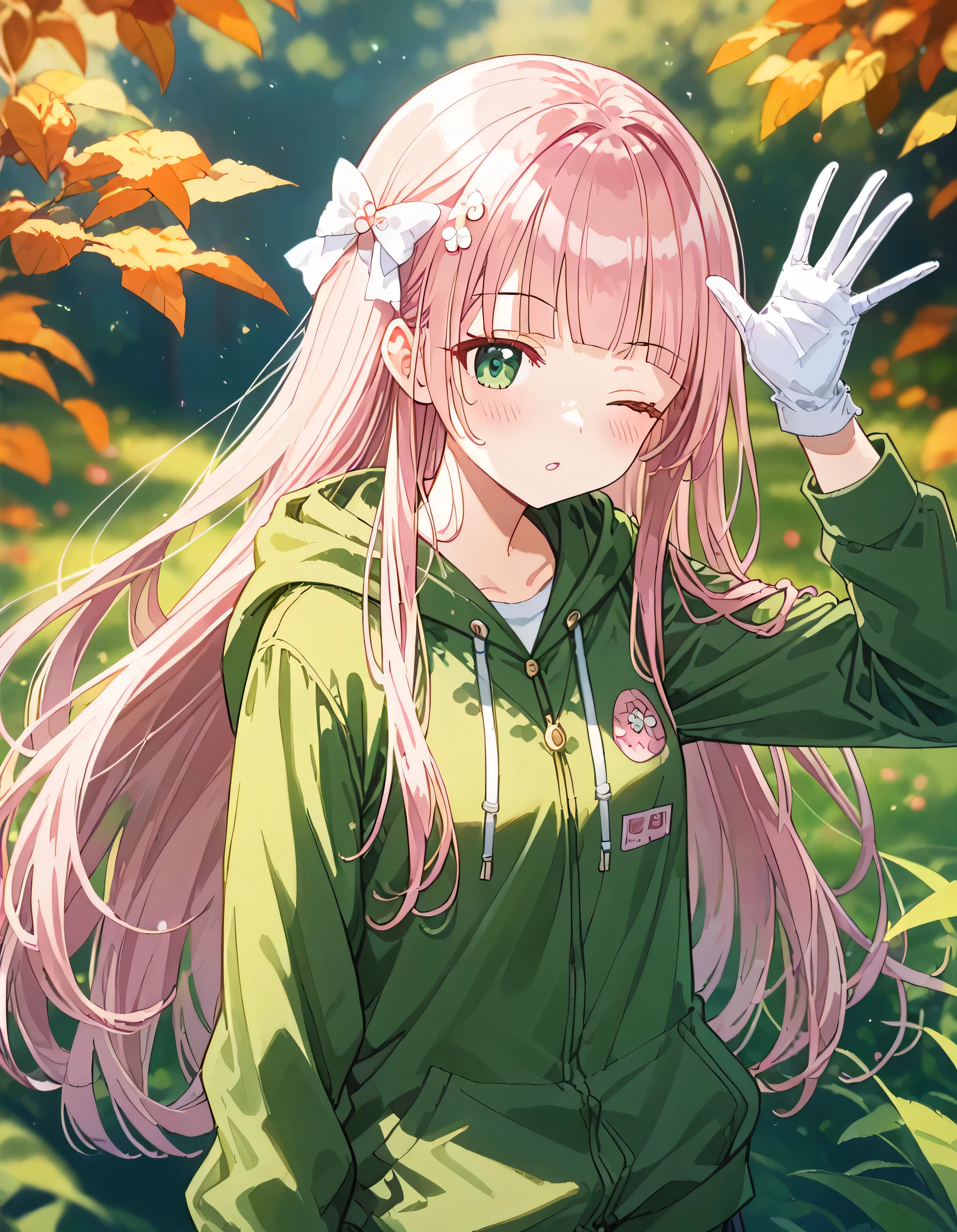 Anime girl with long pink hair and green hoodie in the grass - SeaArt AI
