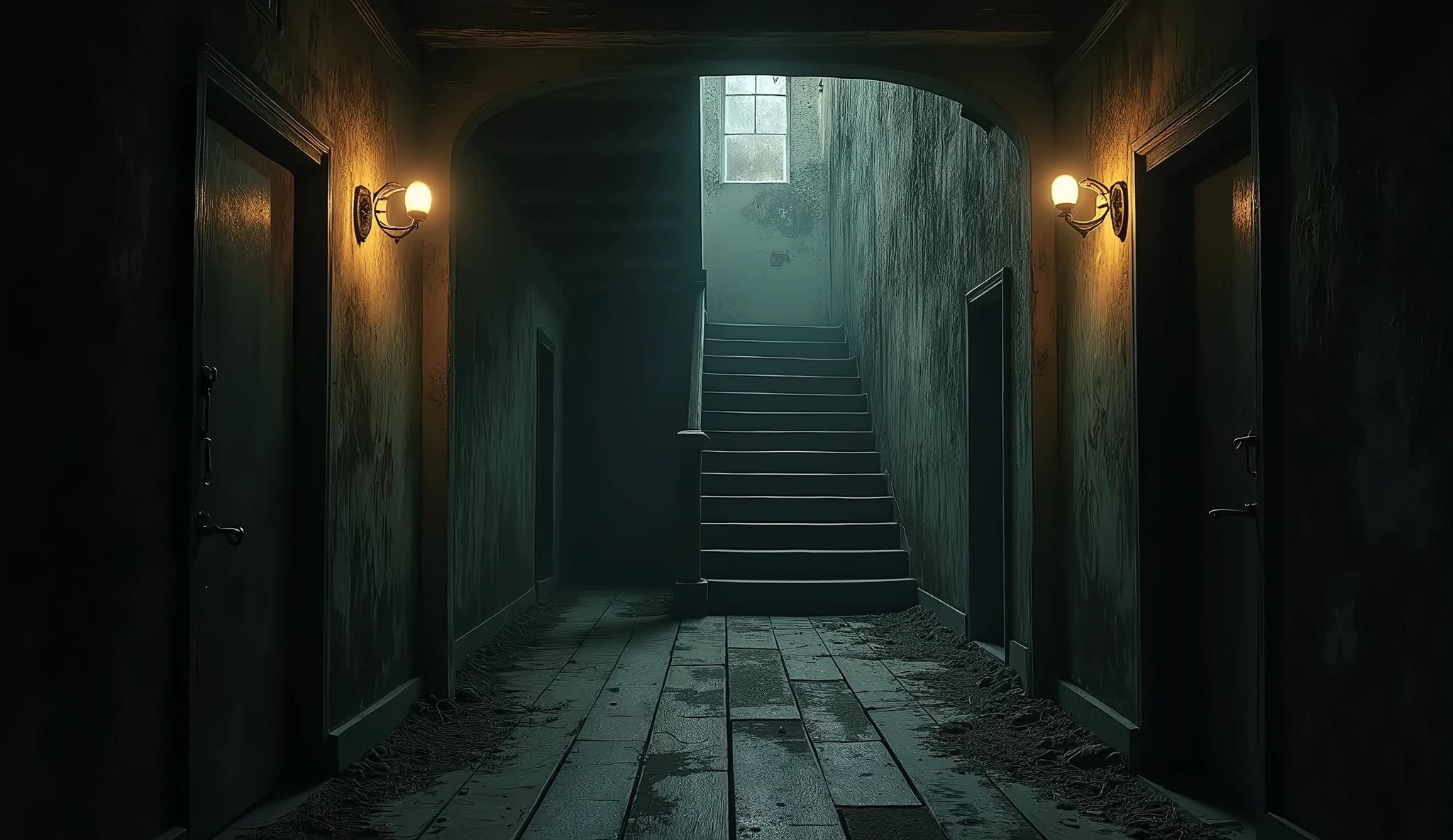 There is a dark hallway with a staircase and a light on - SeaArt AI