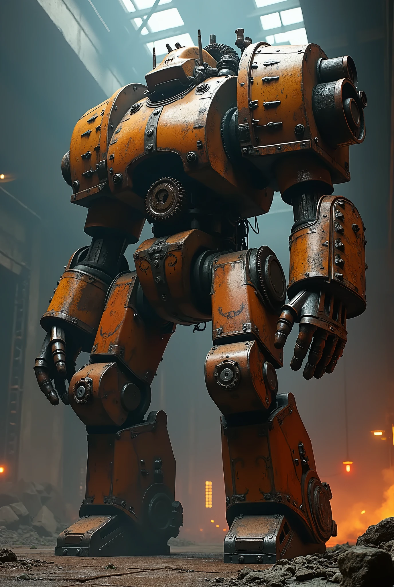 There is a large robot standing in a building with a fire in the ...